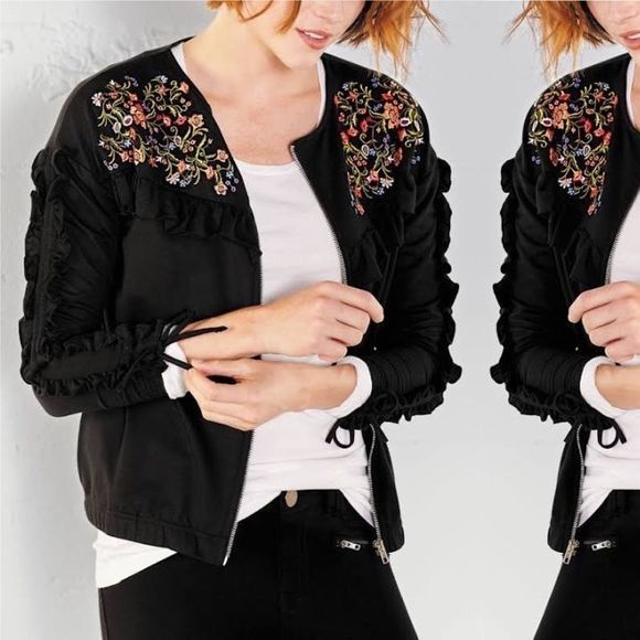 Hannah | Jackets & Coats | Hannah Floral Embroidered Ruffle Bomber ...